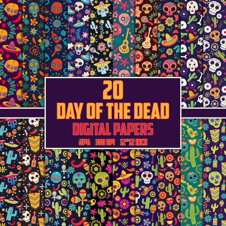 Day of the Dead Digital Paper, Dia De Los Muertos Pattern, Sugar Skull ...