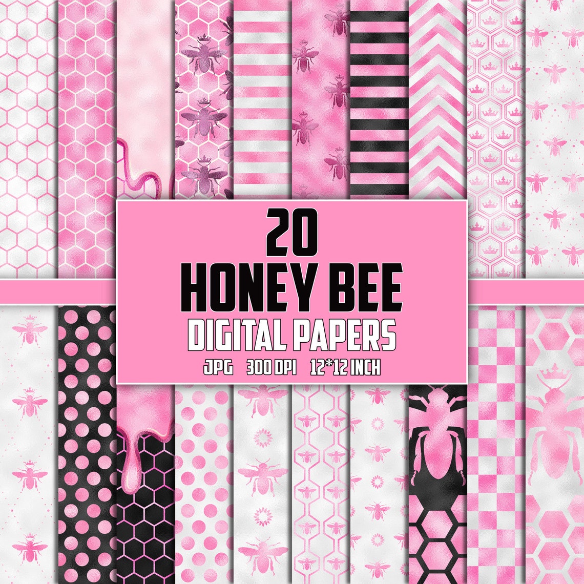 Pink Honey Bee Digital Paper Honey Bee Seamless Patterns Bee | Etsy