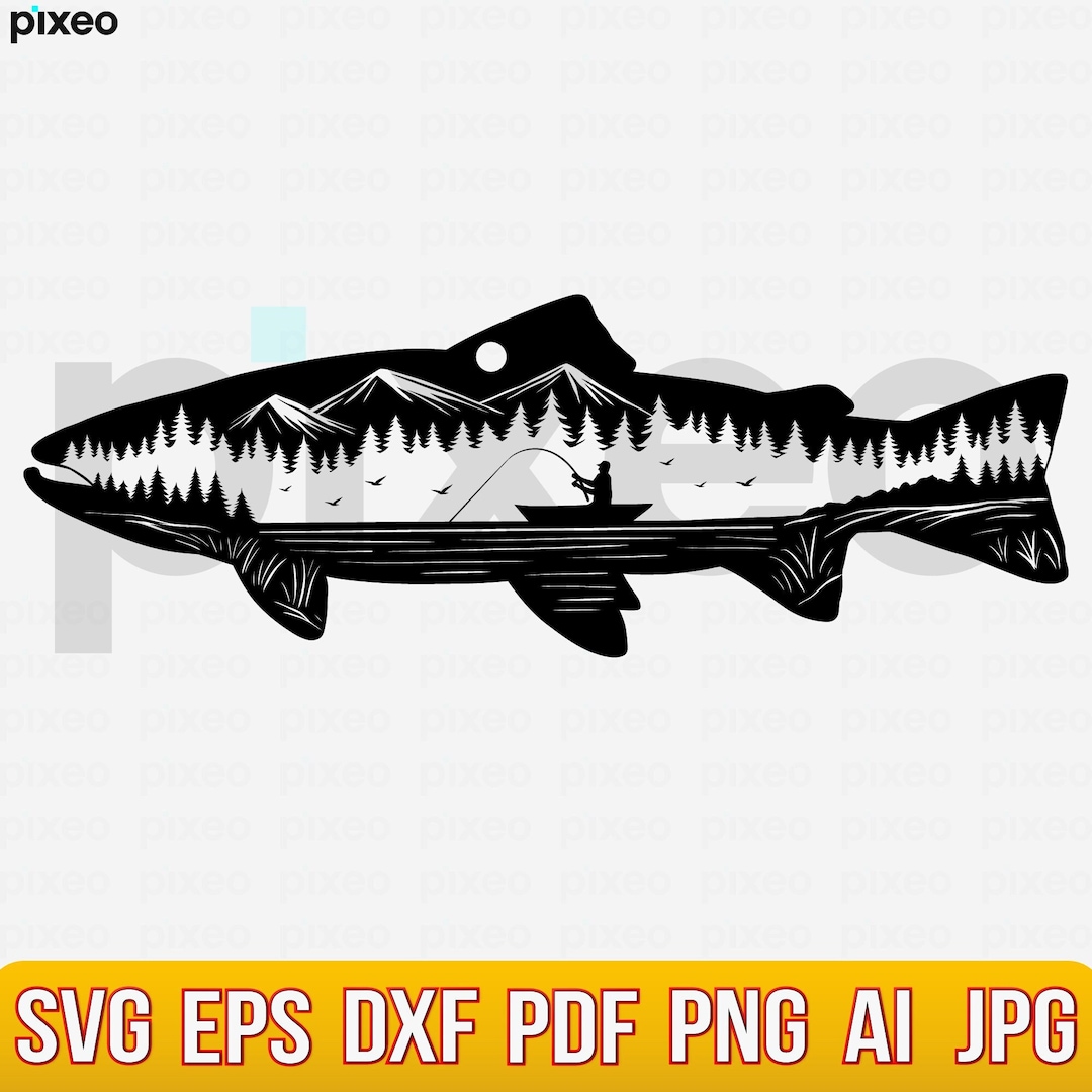 Trout Fishing SVG: Fish, Mountains, Fisherman Clipart (digital Download ...