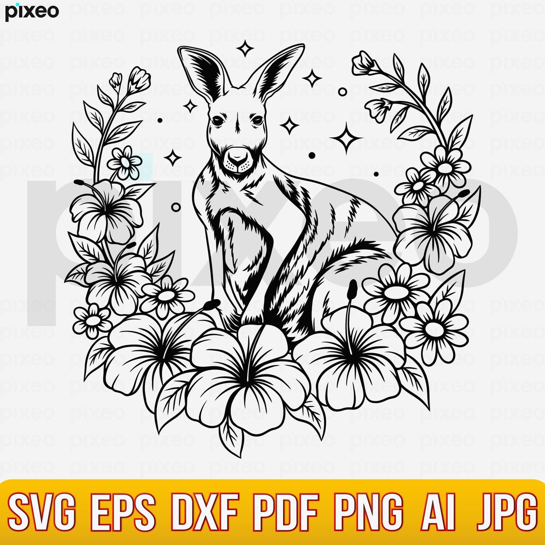 Kangaroo With Flowers Svg, Kangaroo Svg, Kangaroo Flower Svg, Kangaroo ...