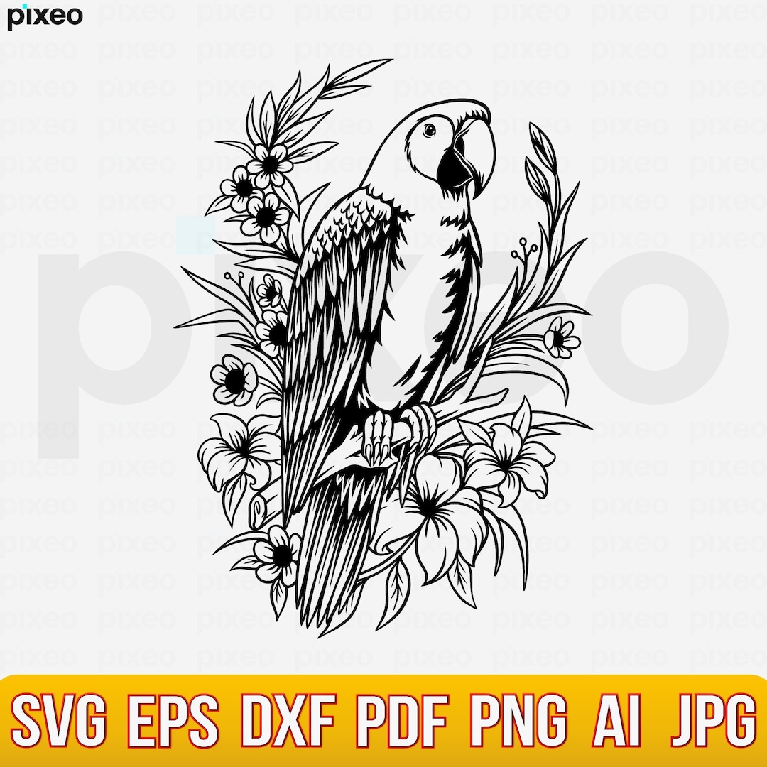 Parrot With Flowers Svg, Parrot Svg, Parrot Flower Svg, Parrot Macaw ...