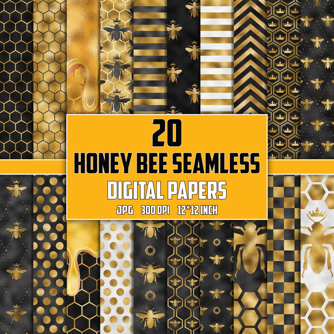 Gold Honey Bee Digital Paper Seamless Patterns | Cute Bee Clipart Png ...