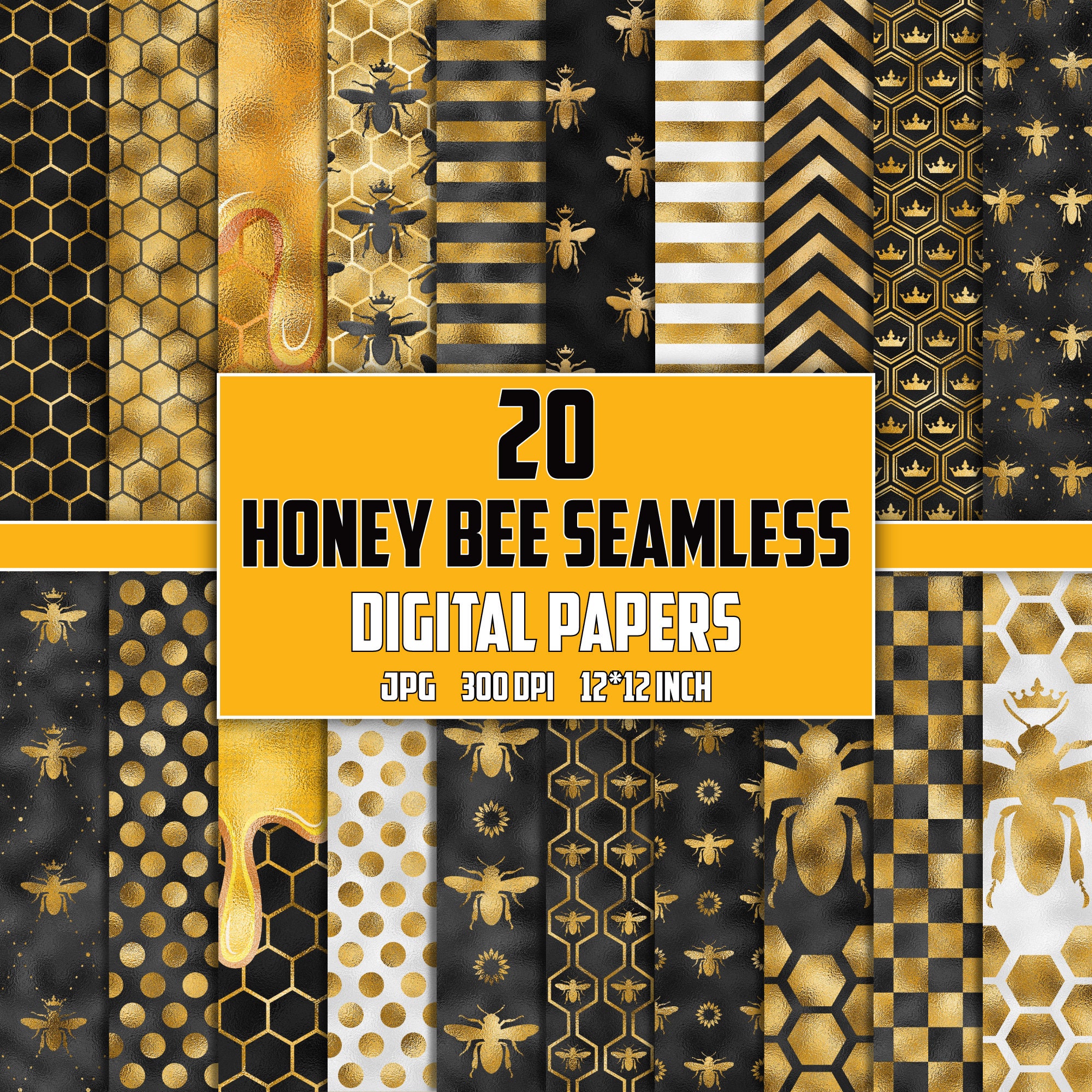 Gold Honey Bee Digital Paper: Seamless Patterns, Clipart (digital ...