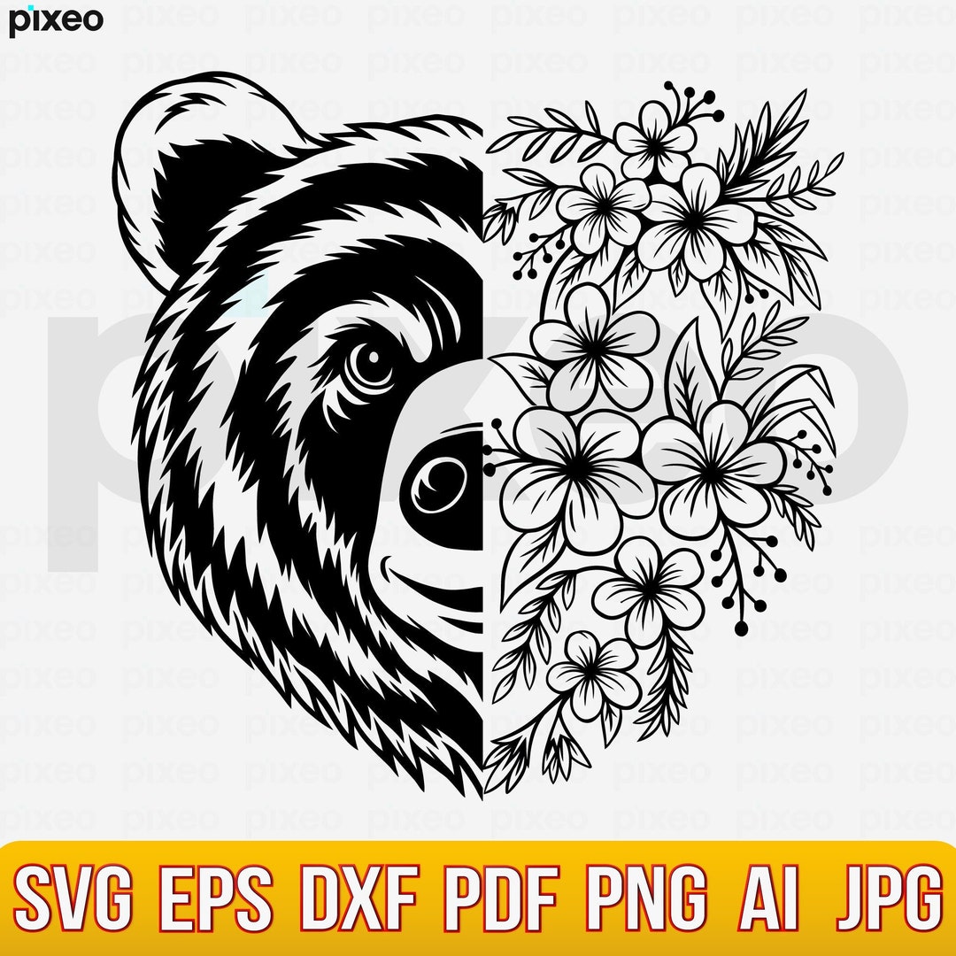 Bear With Flowers SVG: Cricut Cut File (PNG, PDF) - Etsy