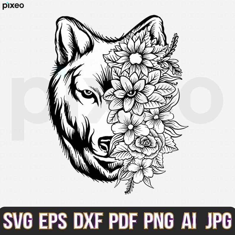 Wolf With Flowers Svg Wolf Svg Wolf Flower Svg Wolf Head | Etsy