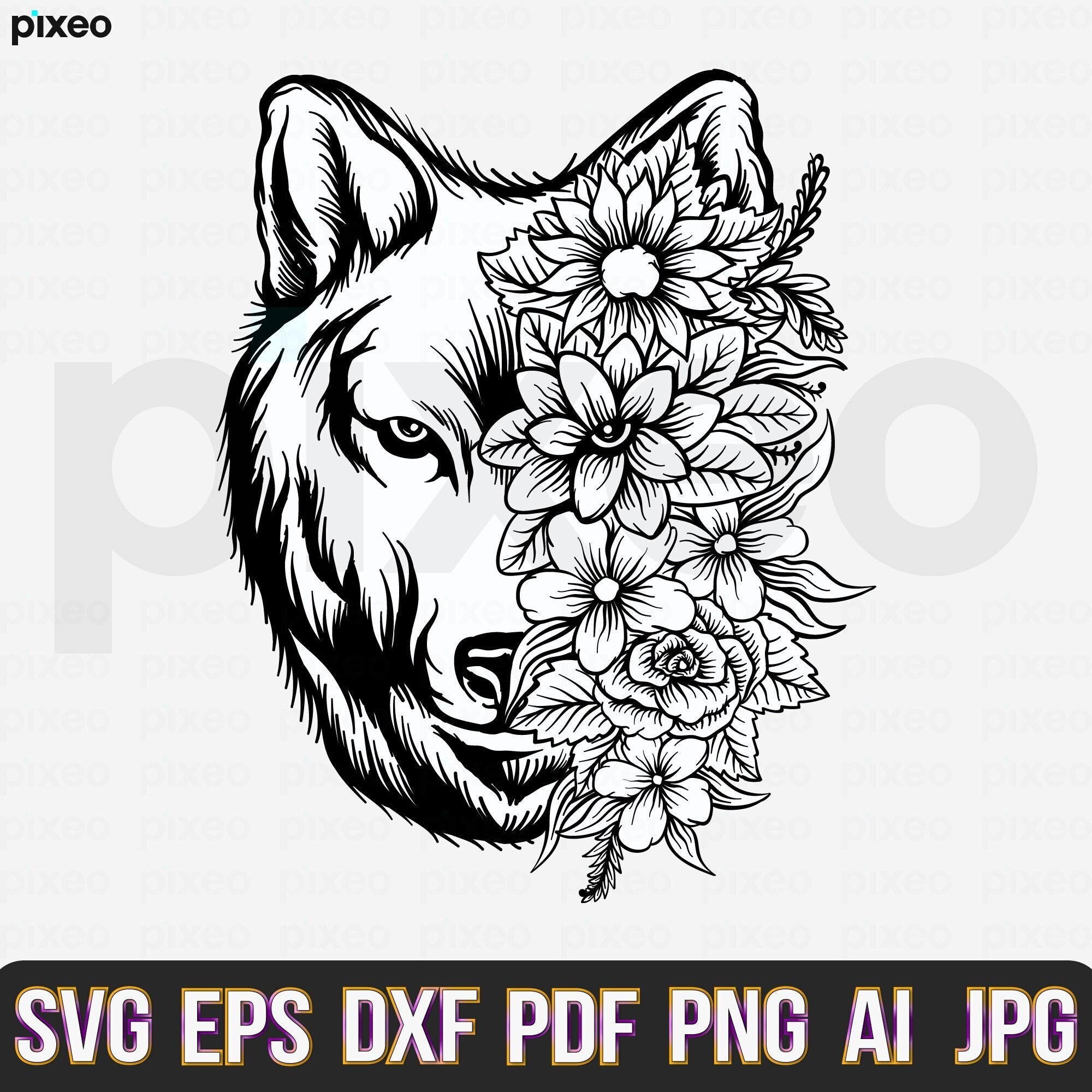 Wolf With Flowers Svg Wolf Svg Wolf Flower Svg Wolf Head | Etsy