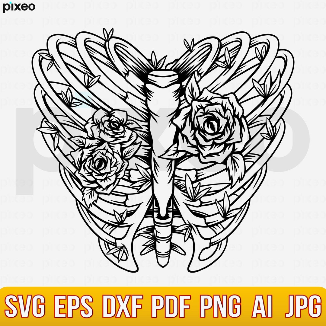 Rib Cage Heart With Rose Svg, Ribcage Flowers Svg, Skeleton Rib Cage ...