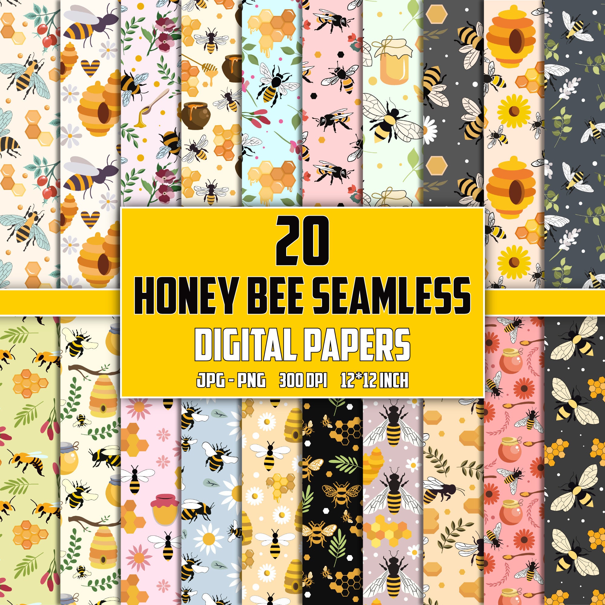 Art & Collectibles Digital Prints Bee Clipart Honey Bee Seamless ...