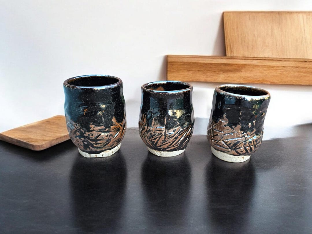 Set of 3: Hand-carved Teadust Glaze Yunomi Cups - Etsy