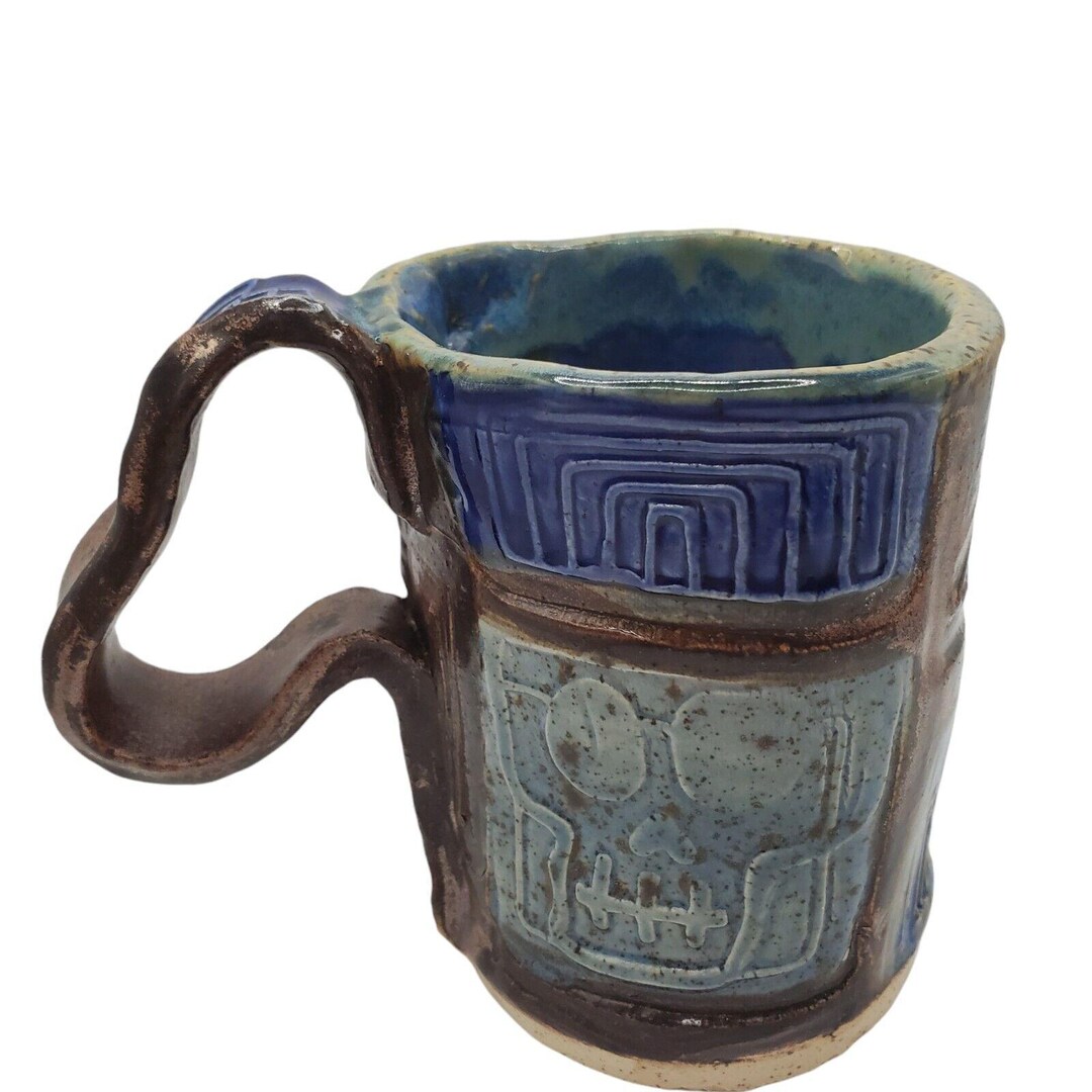 Skull Face Mug Pottery Sculpture Folk Art Handmade Spooky Copper Blue 4 ...
