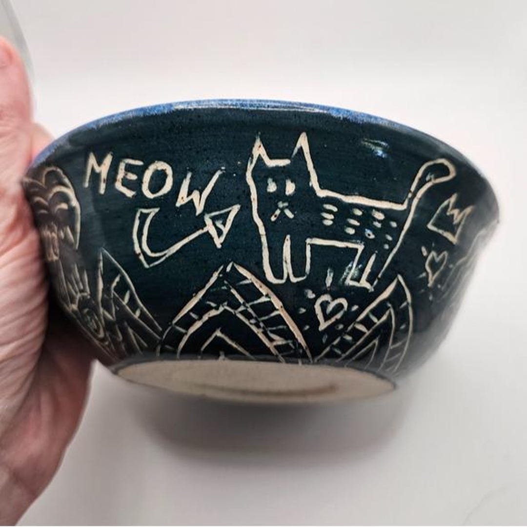 Cute Handmade Ooak Cat Pottery Happy Vibes Bowl 6" Green Sgraffito ...