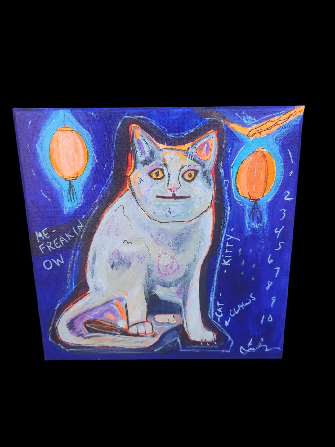 Meme Cat Painting: Whimsical Acrylic Art With Lanterns (12x12) - Etsy