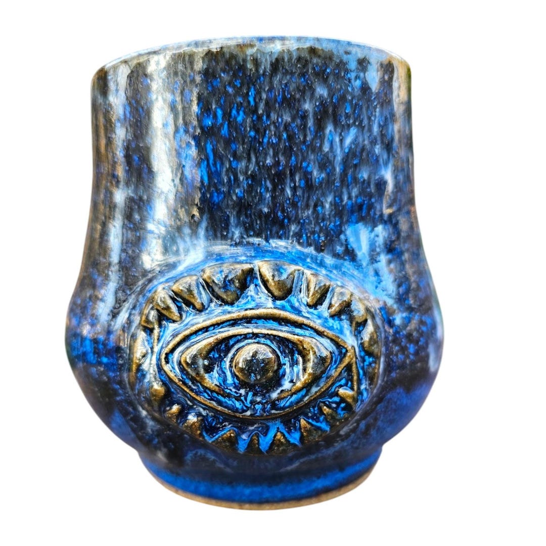 Handmade Evil Eye Mug Pottery Sculpture Third Eye Blue Large 12 Oz ...