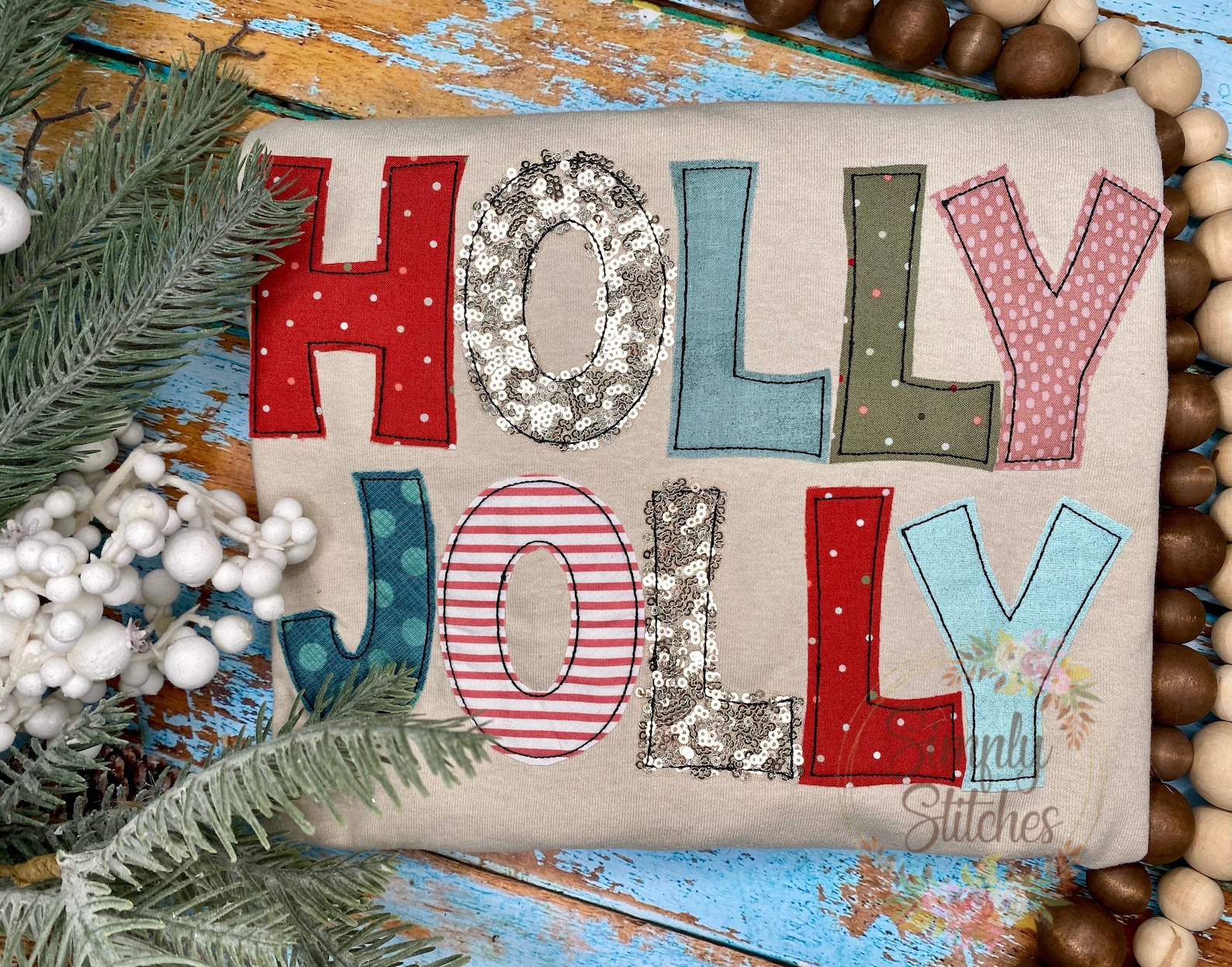HOLLY JOLLY Long Sleeve Tshirt, Raggy Edge, Appliqued Long Sleeve T ...