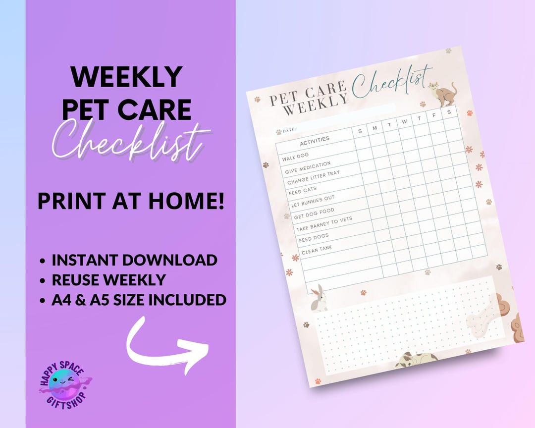 Pet Care Daily Checklist Customisable Task Tracker Journal A4 A5 PNG ...