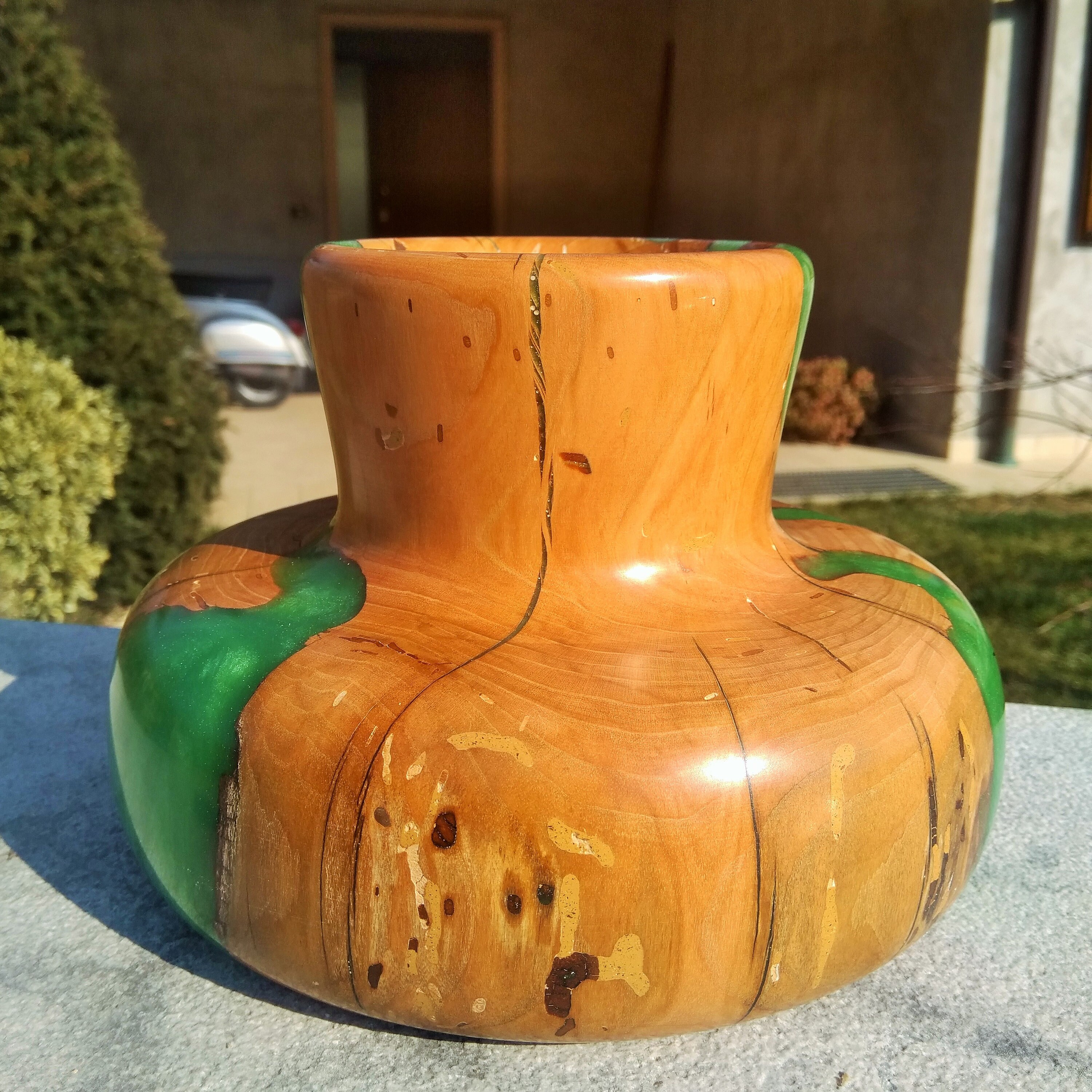 Cherry, Wood and Epoxy Resin Vase, Green Opal, Centerpiece, Handmade ...