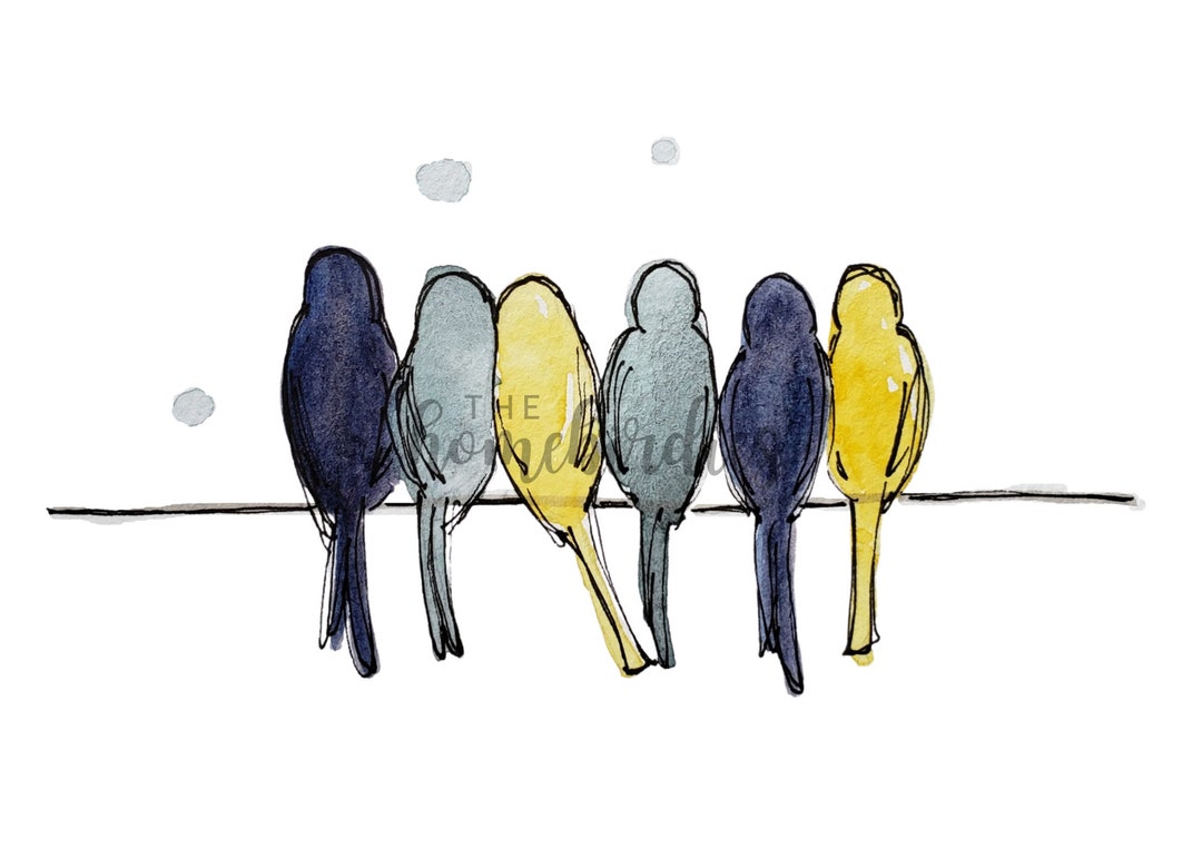 Birds on a Line Colorful Birds Art Print Blue Yellow Birds Bird Card ...