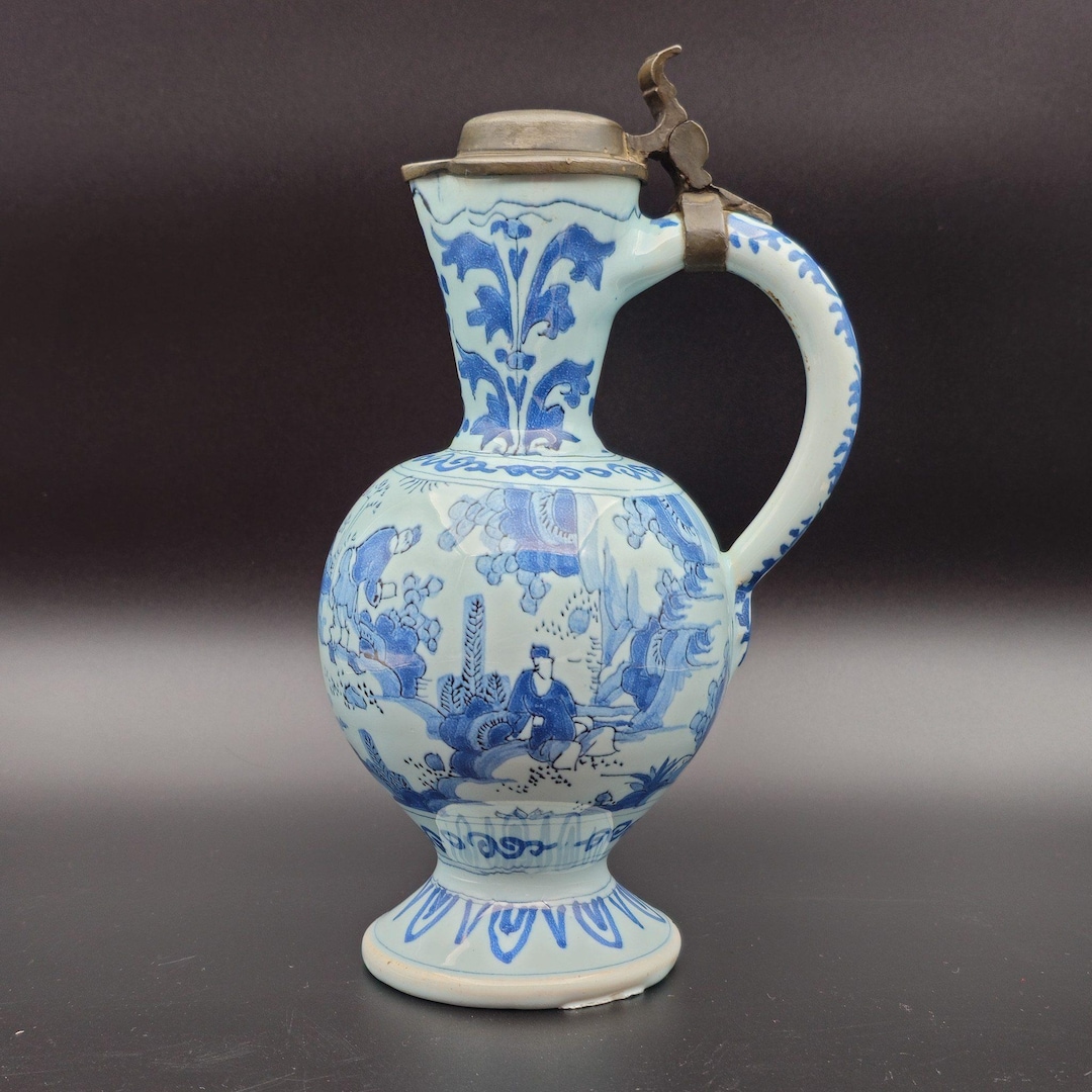 Dutch DELFT Blue and White Chinoiserie Footed Jug With Pewter Lid ...