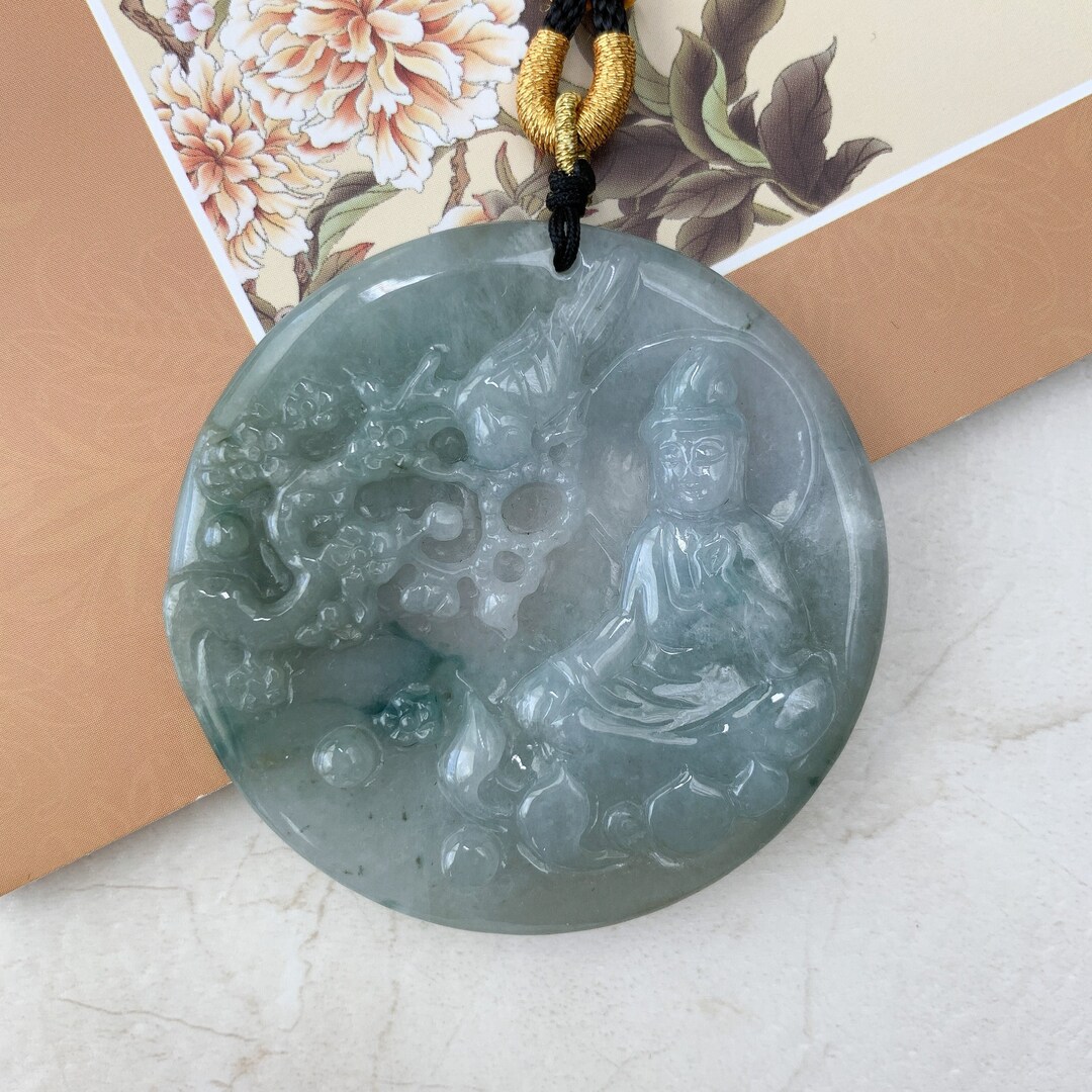 Large Jadeite Jade Guan Yin Sitting on Lotus With Phoenix ...