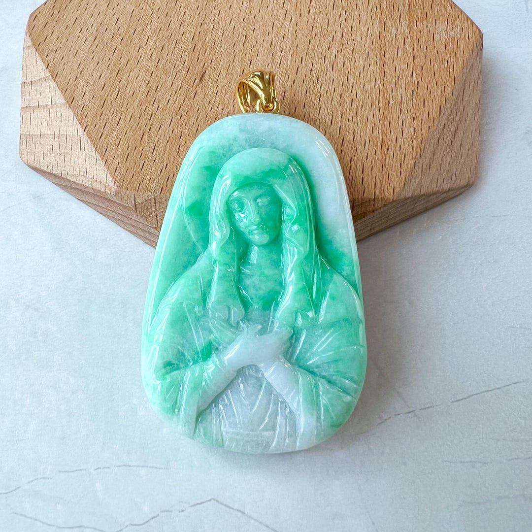 Jadeite Jade Virgin Mary Pendant With 18K Solid Gold Bail, Green Jade ...