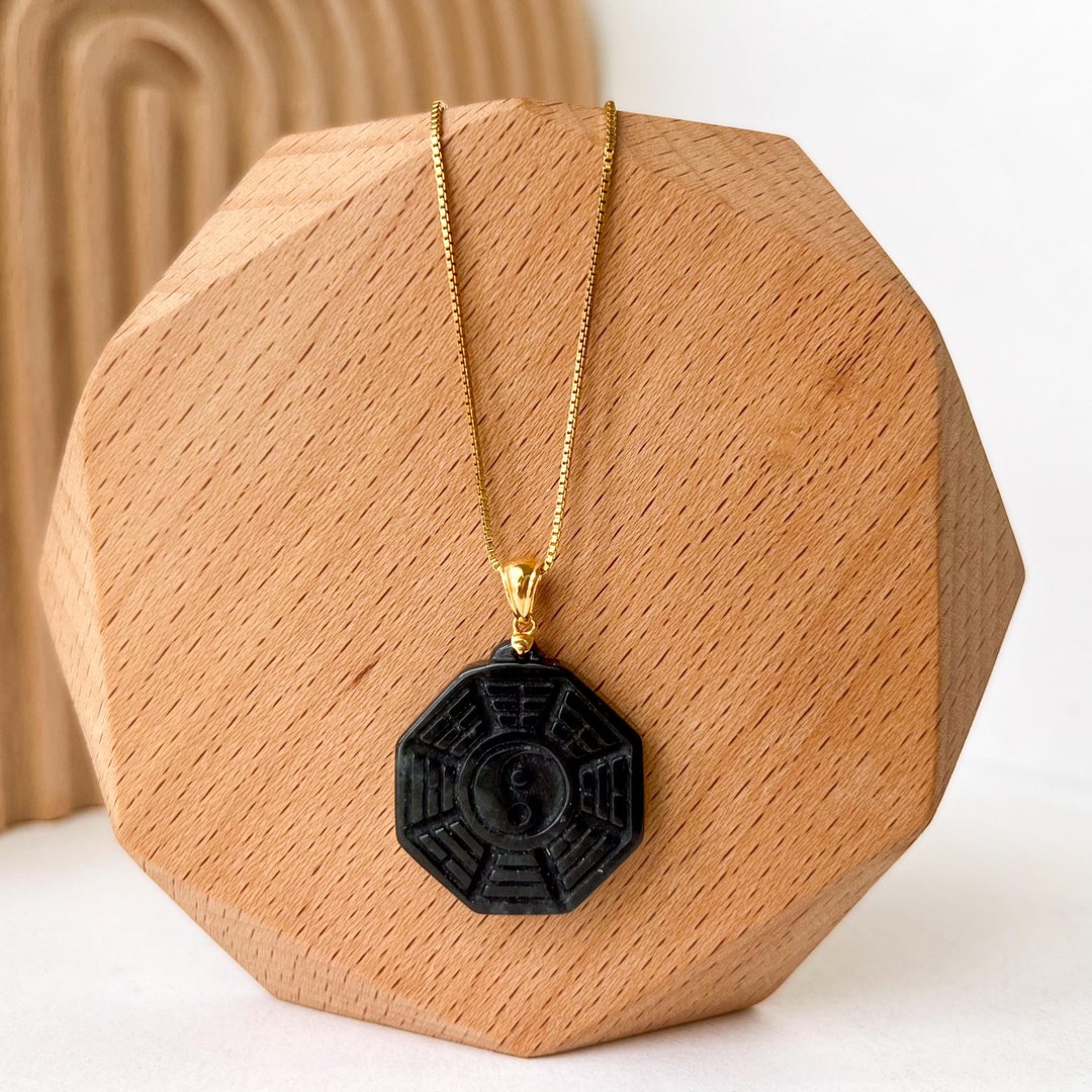 Small Black Jadeite Jade Yin Yang Pendant, 18K Gold Bail Pendant, Ba ...