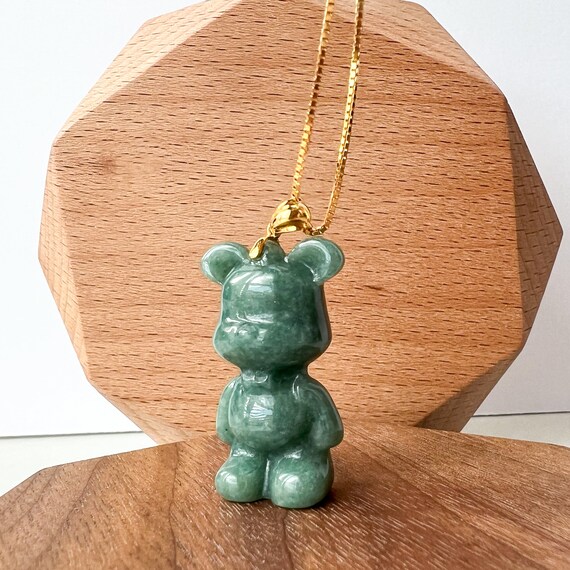 Green Jadeite Jade Teddy Bear 18K Gold Bail Hand Carved - Etsy