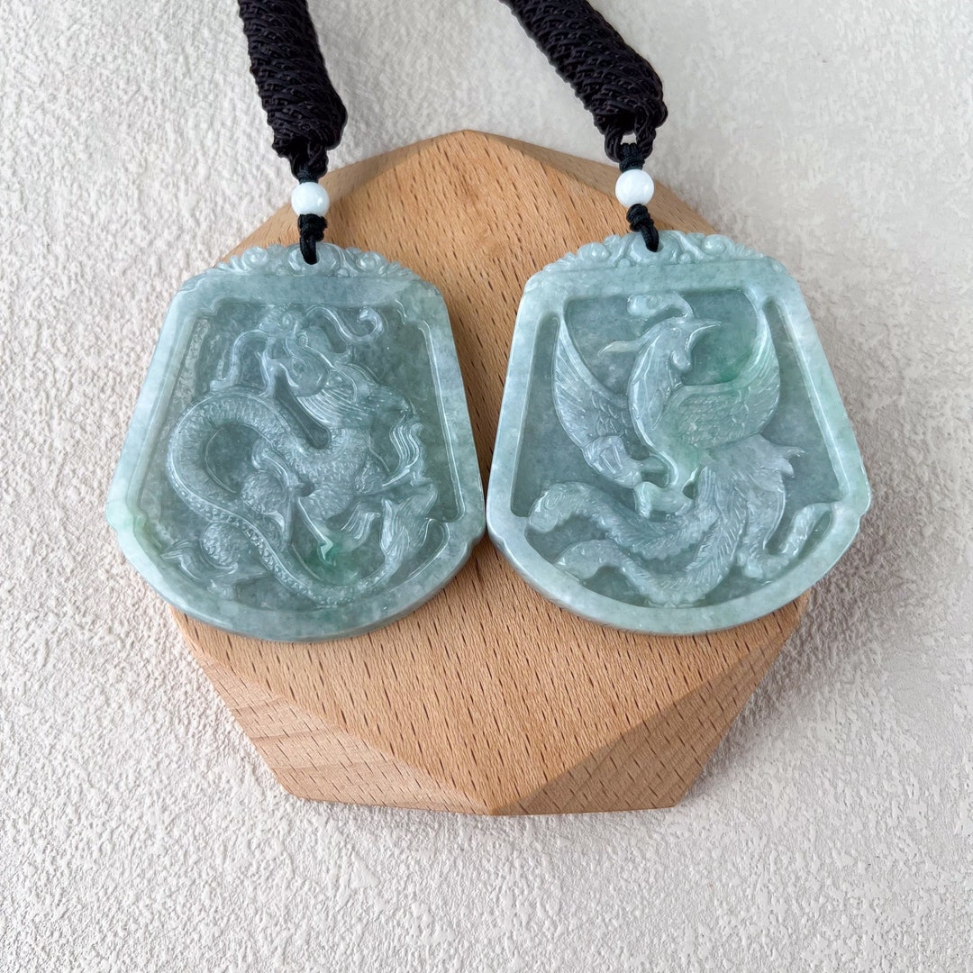 Dragon and Phoenix Harmony Pendants, Couple Green Jadeite Jade Dragon ...