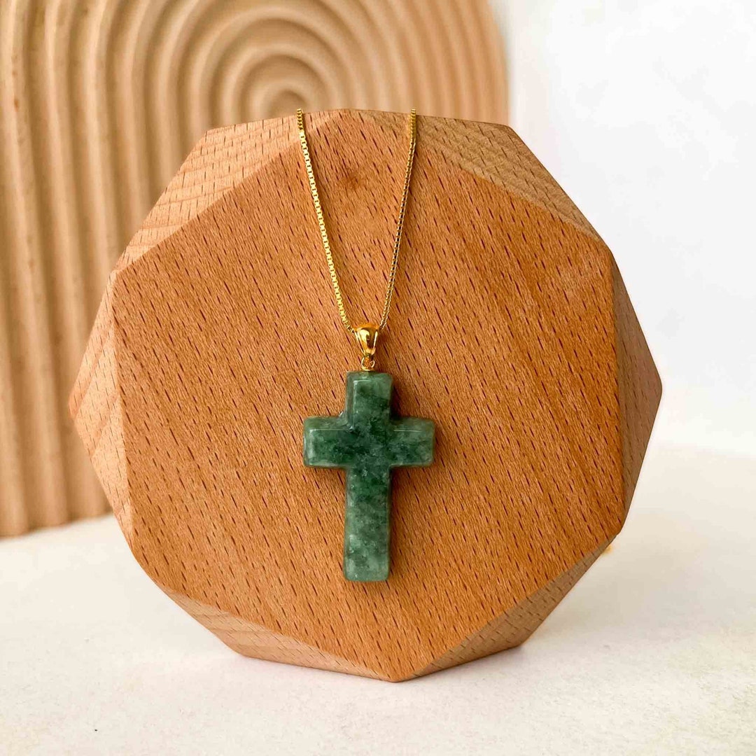 Green Jadeite Jade Cross With 18K Solid Gold Bail Carved Pendant, SHWQ ...