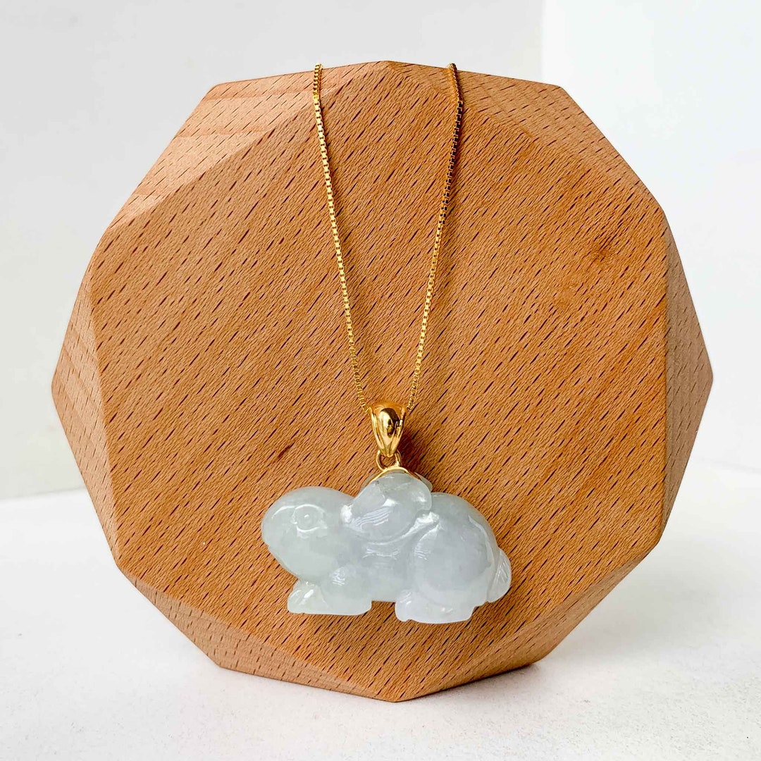 White Icy Jadeite Jade Rabbit Pendant With 18K Solid Gold, 3-D Hand ...