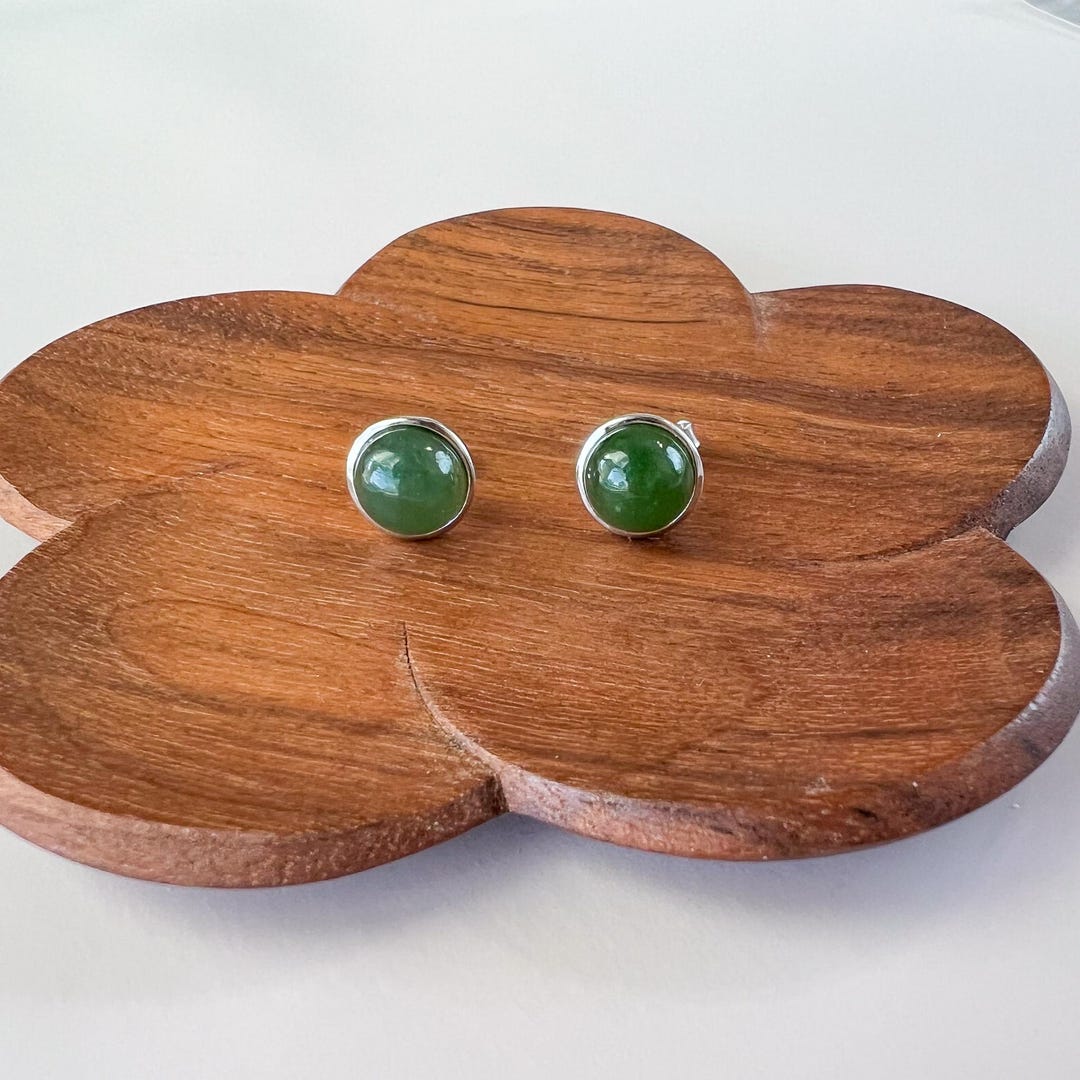 Round Jade Earring Studs, Green Nephrite Jade Sterling Silver Earrings ...