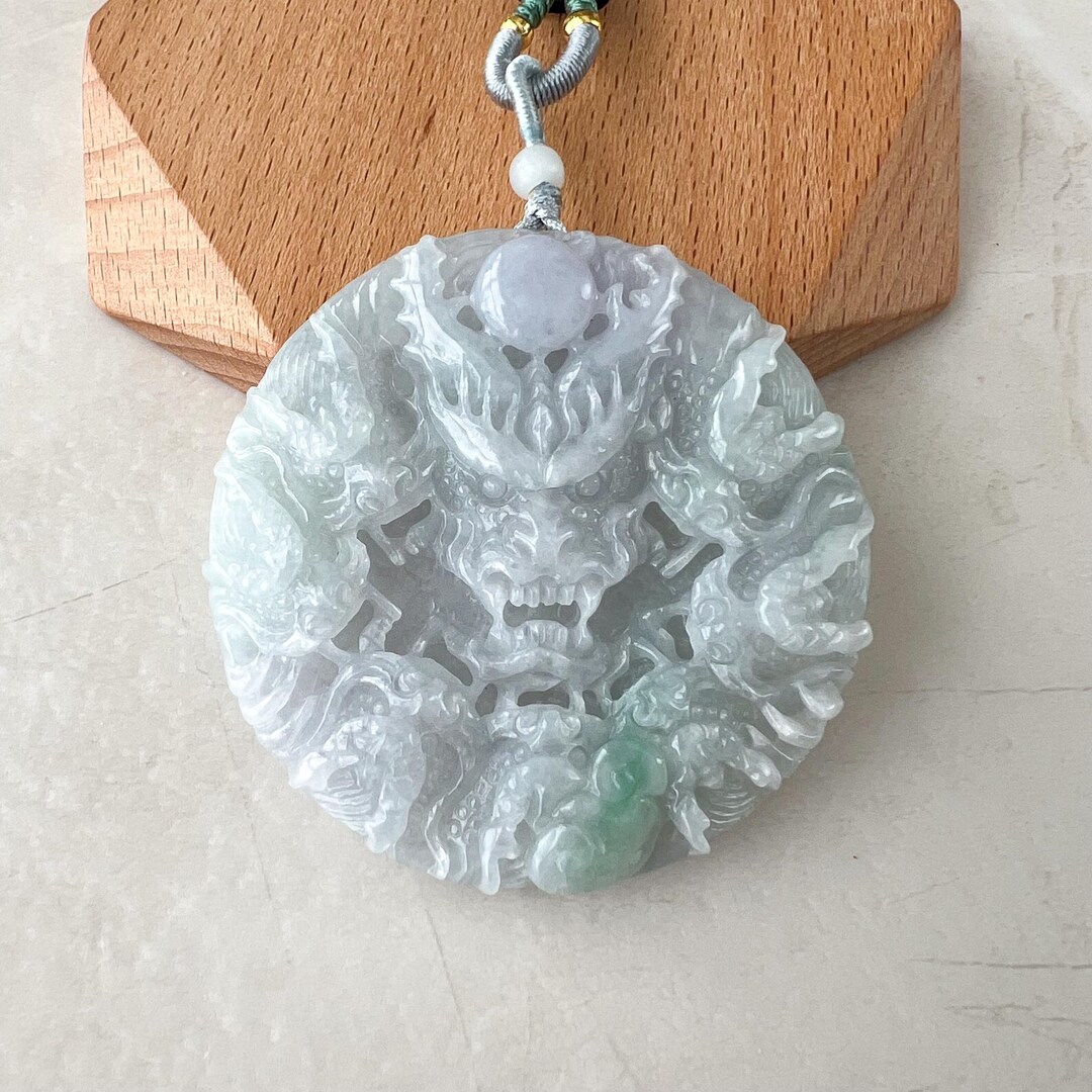 Circle of Nine Dragons Pendant, Light Purple and Green Hand Carved ...