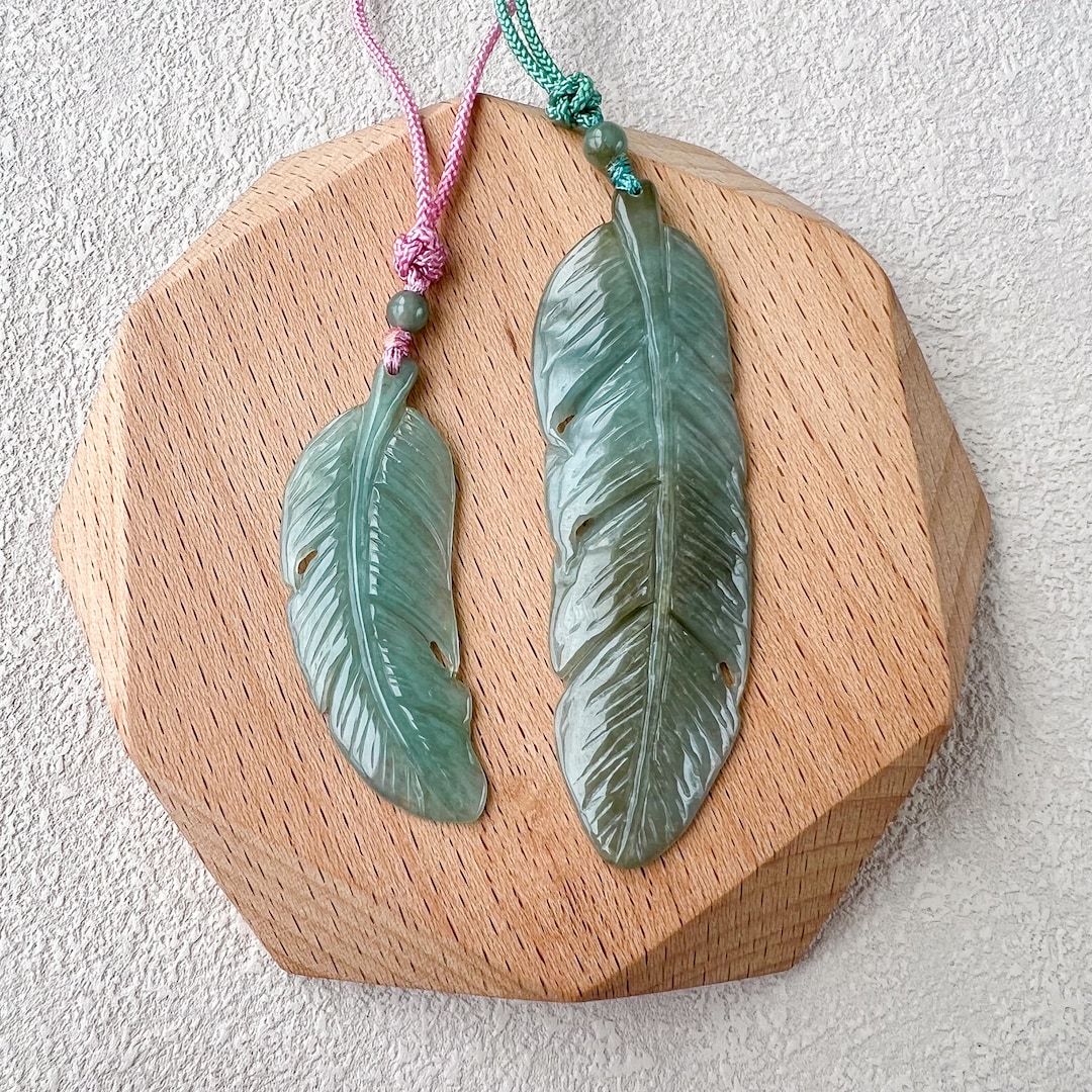 Hand Carved Jade Feather, Artisan Green Jadeite Jade Pendant, WMC-0923 ...
