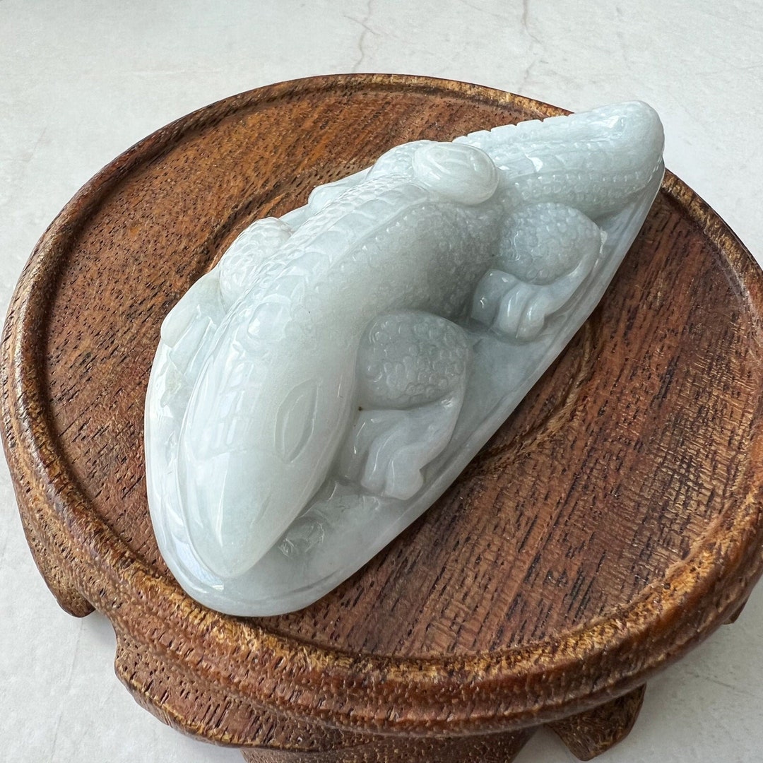 Jadeite Jade Lizard on Leaf, Feng Shui, Chinese Hand Carved Statue ...
