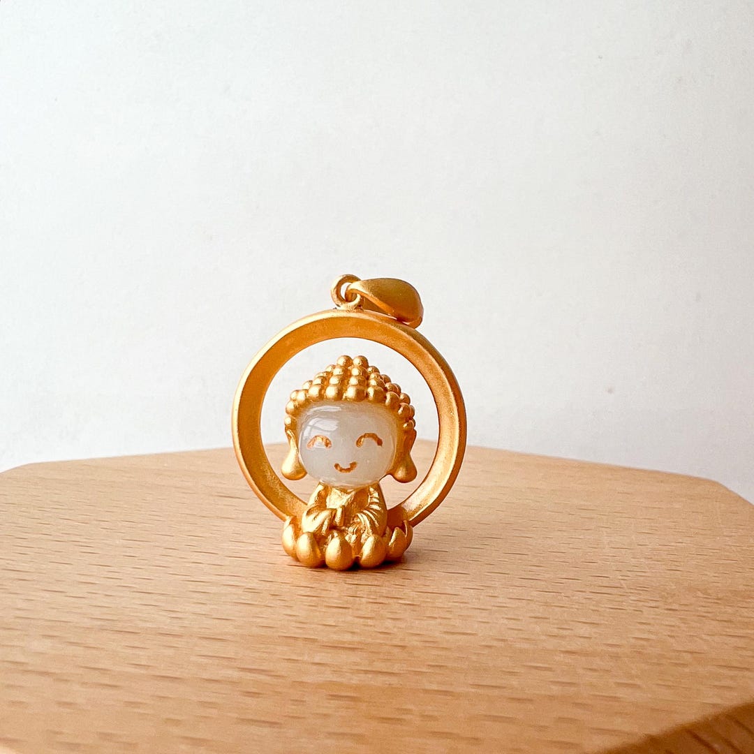 Smiling Baby Buddha Jade Pendant, Nephrite Jade Gold Plated Sterling ...