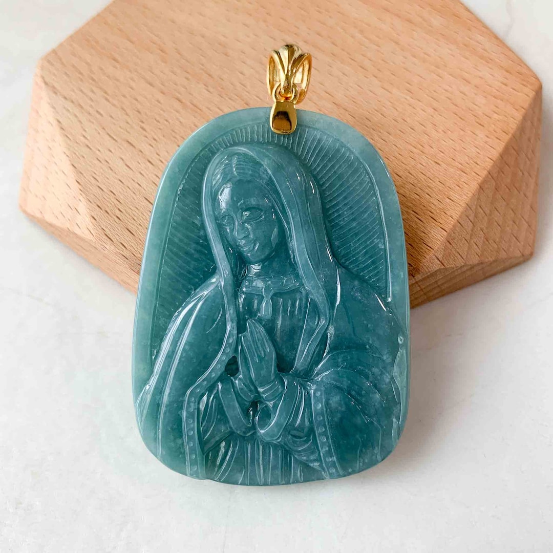 Jadeite Jade Virgin Mary With 18K Solid Gold Bail, Blue Green Jade ...