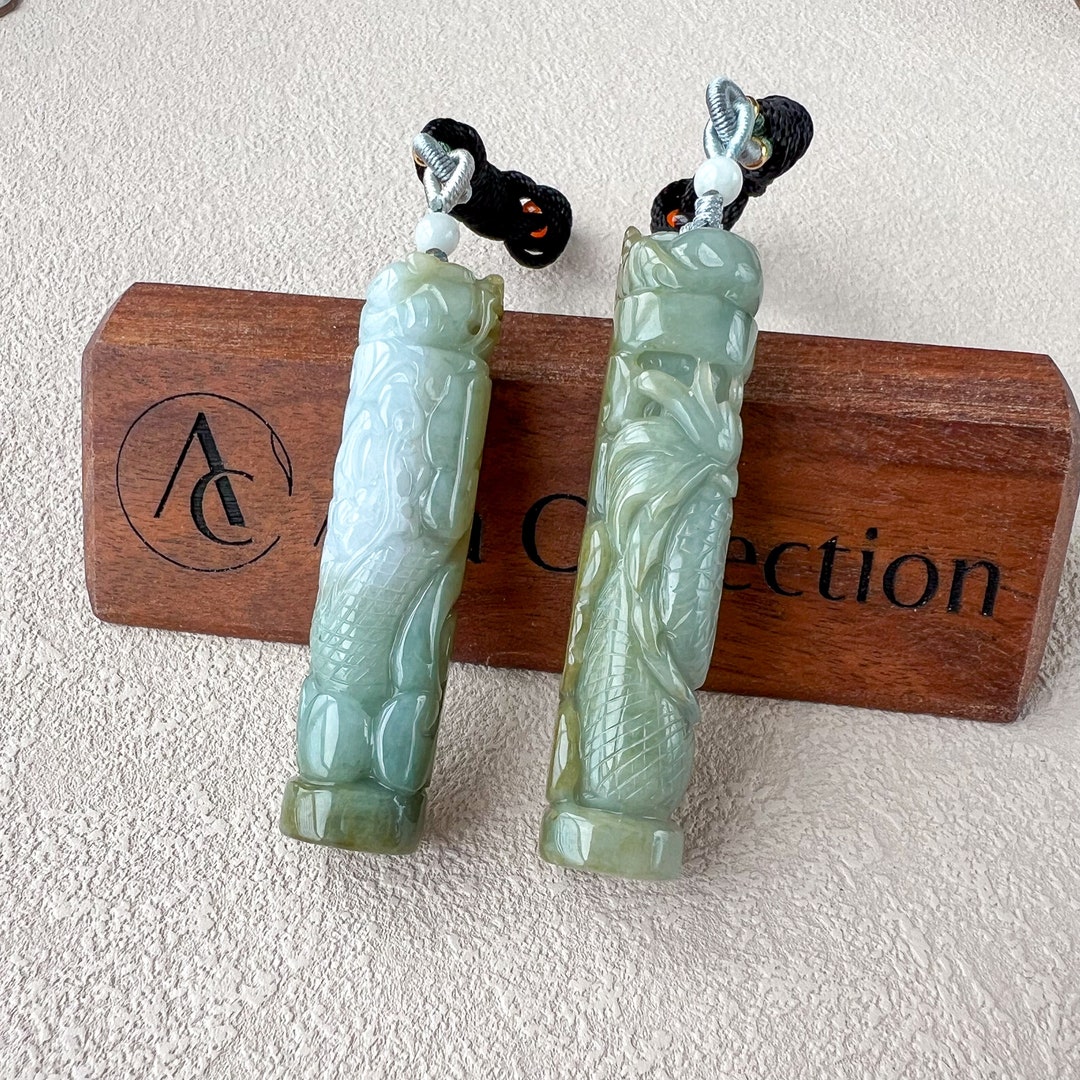 Green Jadeite Jade Dragon Pillar Column Chinese Zodiac Hand Carved ...
