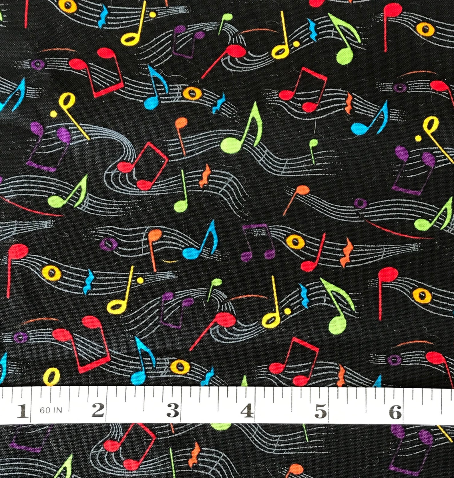 Color Tossed Music Notes on Black 100% Cotton Fabric FQ Fat Quarter 1/4 ...