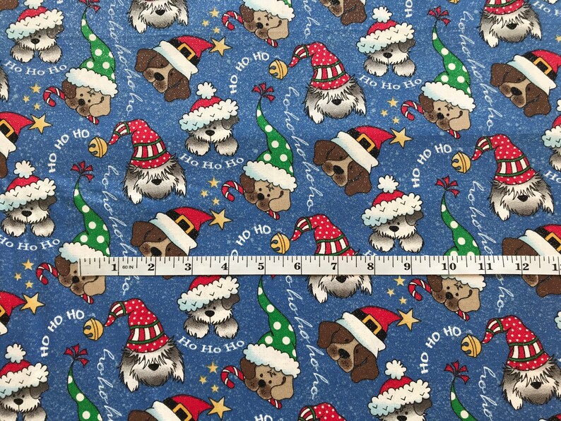 Dogs Santa Hats on Blue Glitter Pups Christmas Holiday 100% Cotton ...
