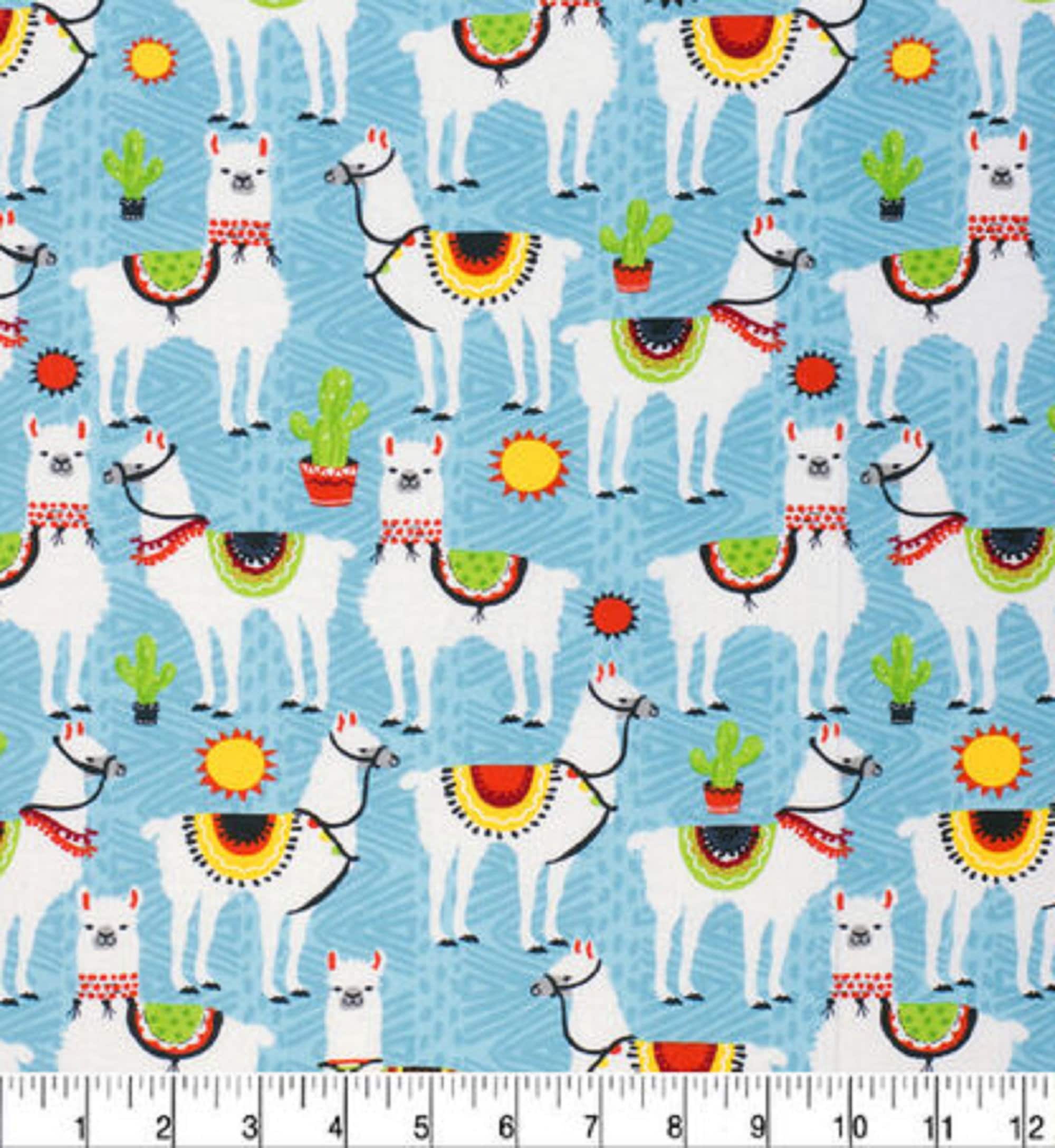 Aztec Llama on Blue Llamas Lama Cactus Cacti 100% Cotton | Etsy