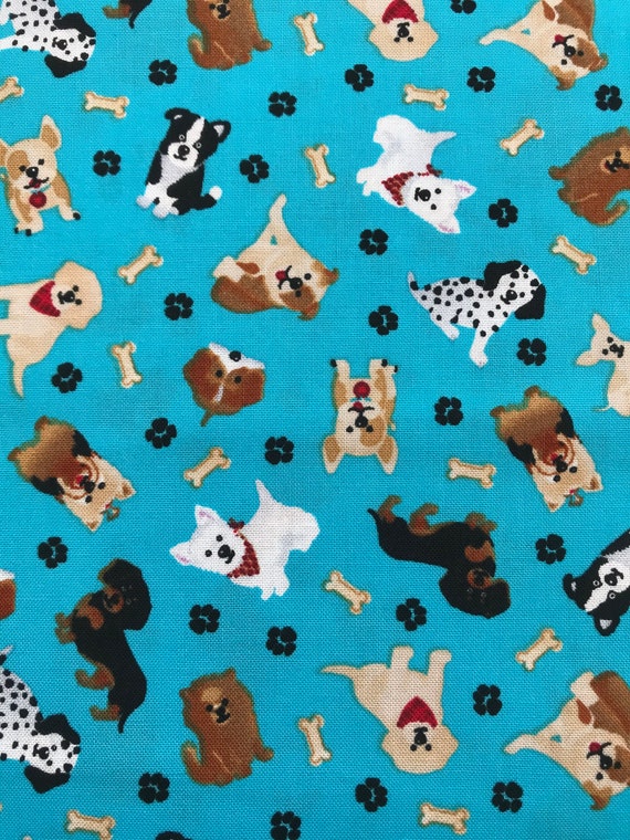 Multi Breed Dogs Tossed Paw Prints Bones Pups on Teal Dog Paws - Etsy