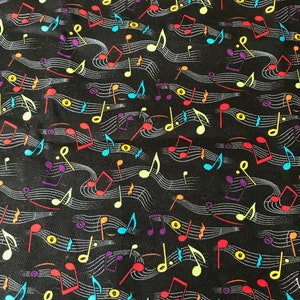 Color Tossed Music Notes on Black 100% Cotton Fabric FQ Fat Quarter 1/4 ...
