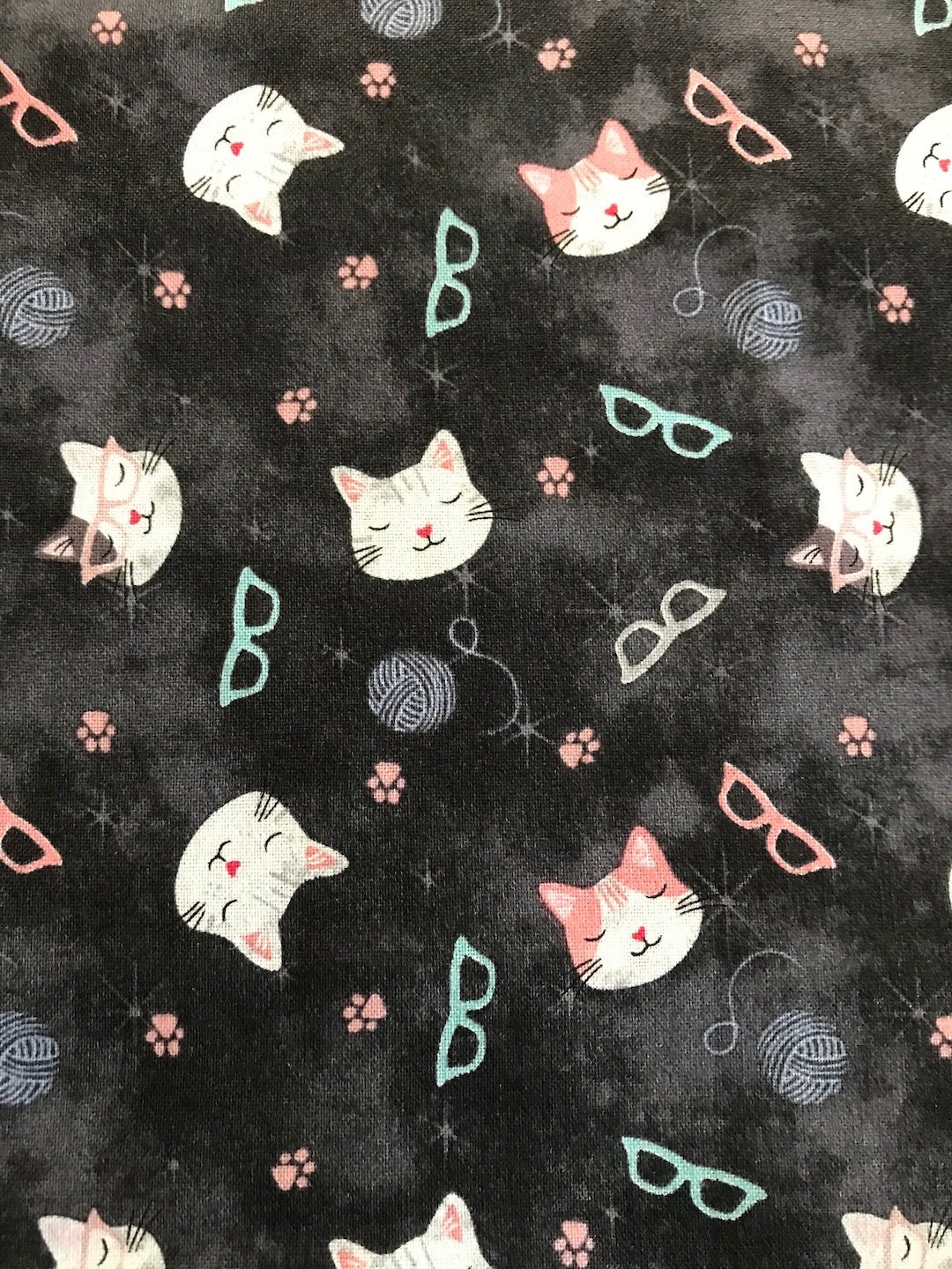 Tossed Cats & Glasses on Black Scattered Cat Paw Print Paws Yarn 100% ...