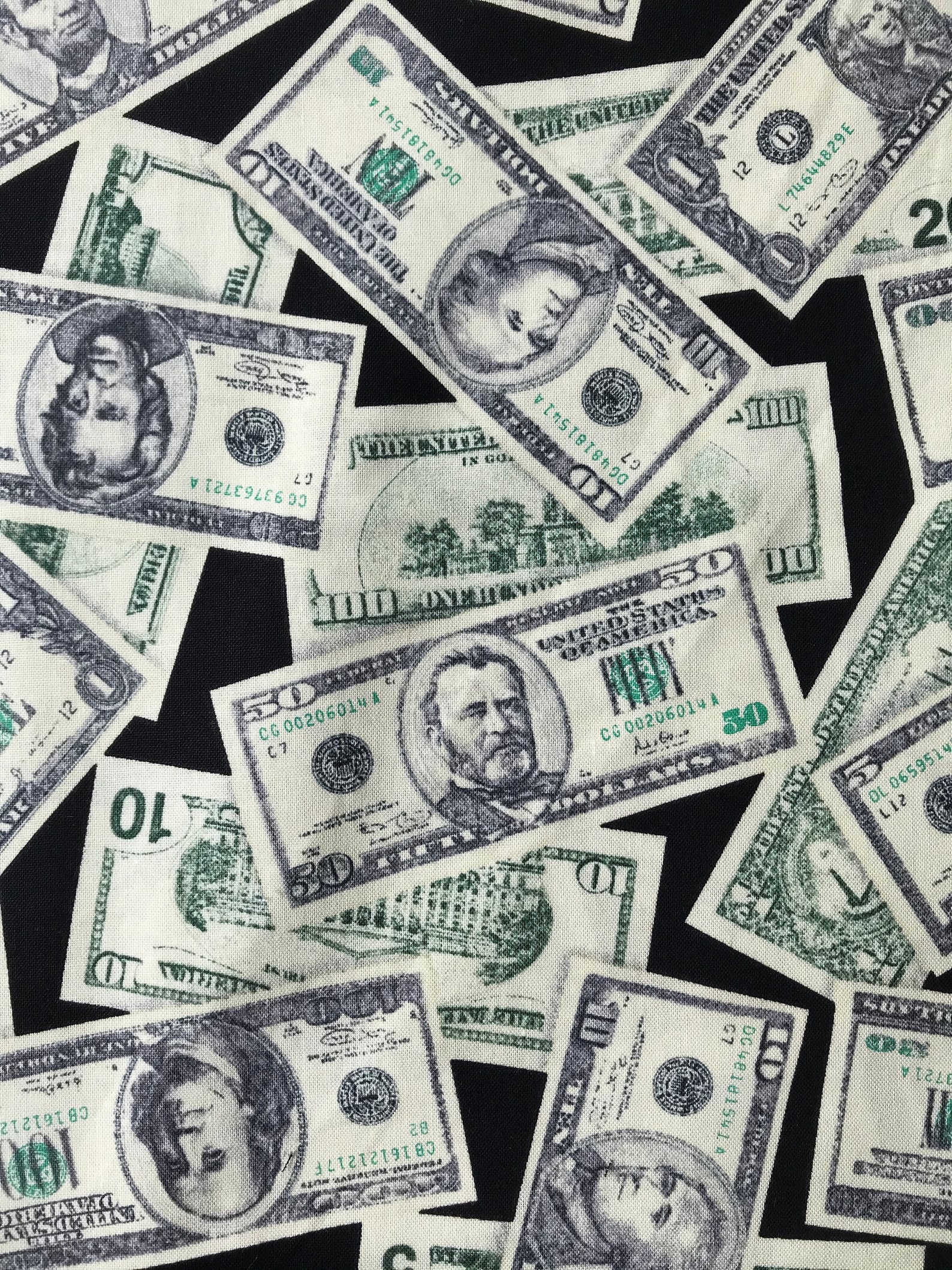Tossed Money on Black 100% Cotton Fabric FQ Fat Quarter, 1/4 Yard, 1/2 ...
