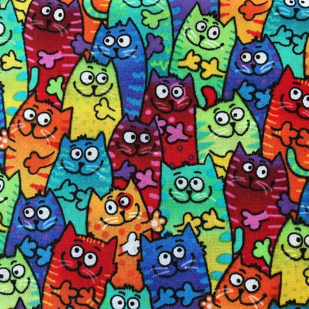 Colorful Happy Packed Tie Dye Cats Kitty Rainbow Colors 100% Cotton Fabric FQ Fat Quarter, 1/4 ...