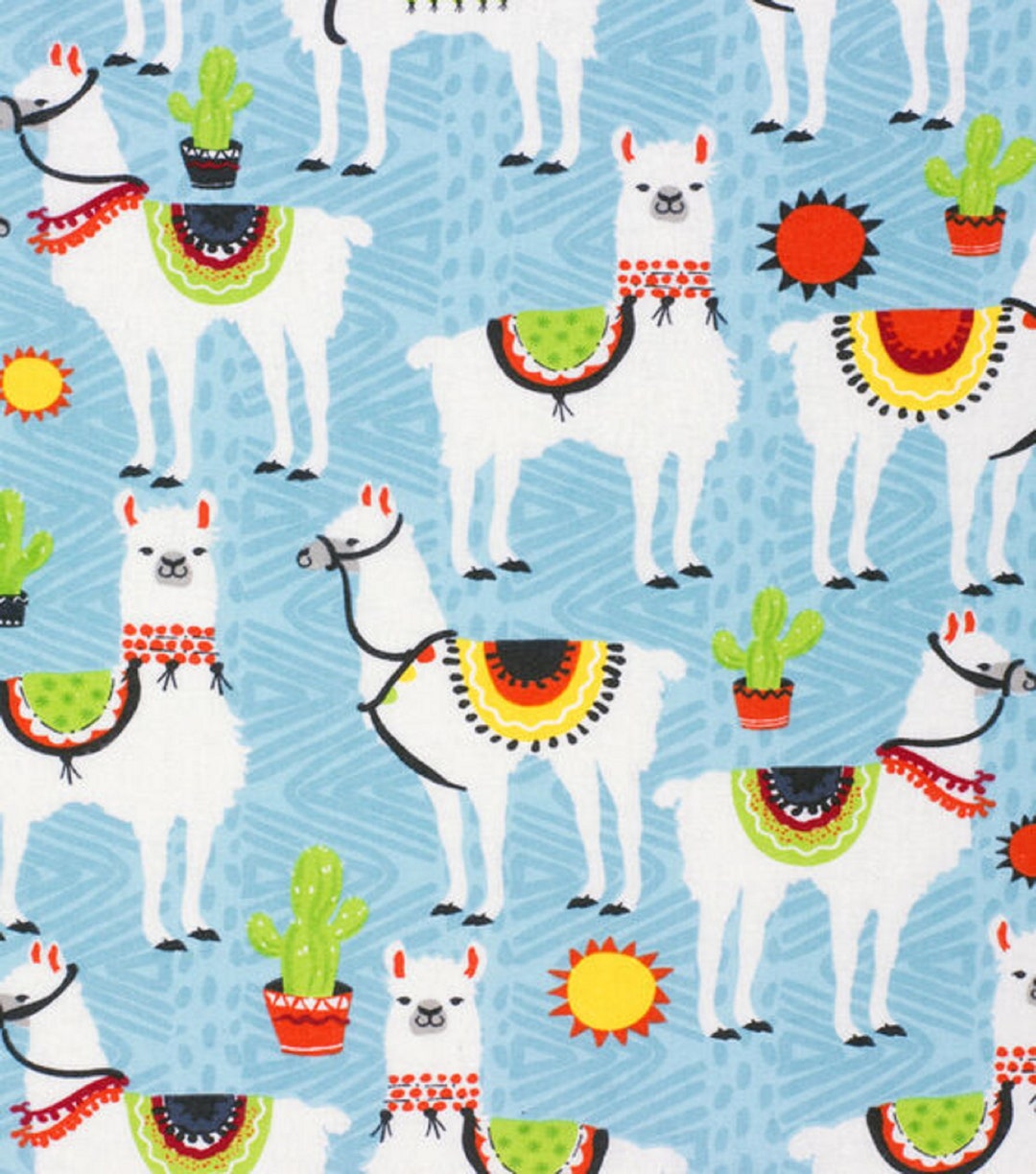 Aztec Llama on Blue Llamas Lama Cactus Cacti 100% Cotton Flannel Fabric ...