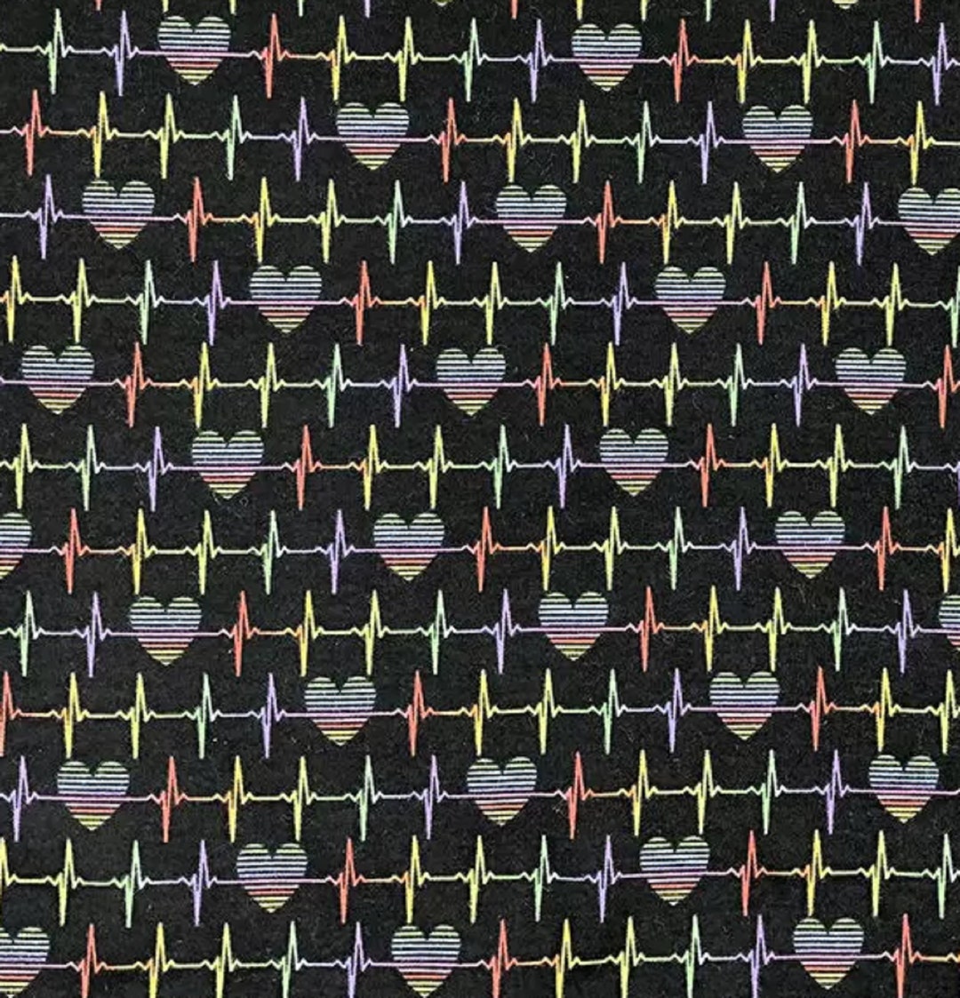 Heart Beat Rainbow on Black 100% Cotton Flannel Fabric Sold by the Yard ...