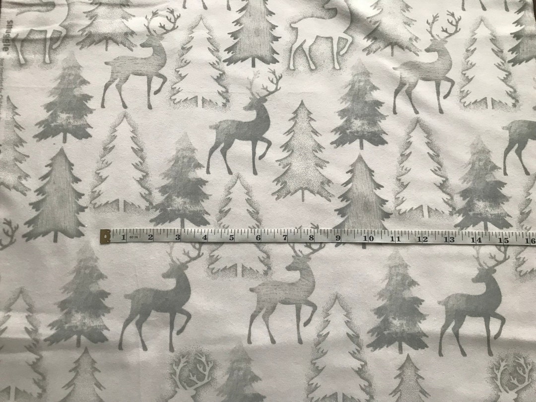 Deer and Trees Outlined Gray/white Fabric 100% Cotton Flannel Fabric ...