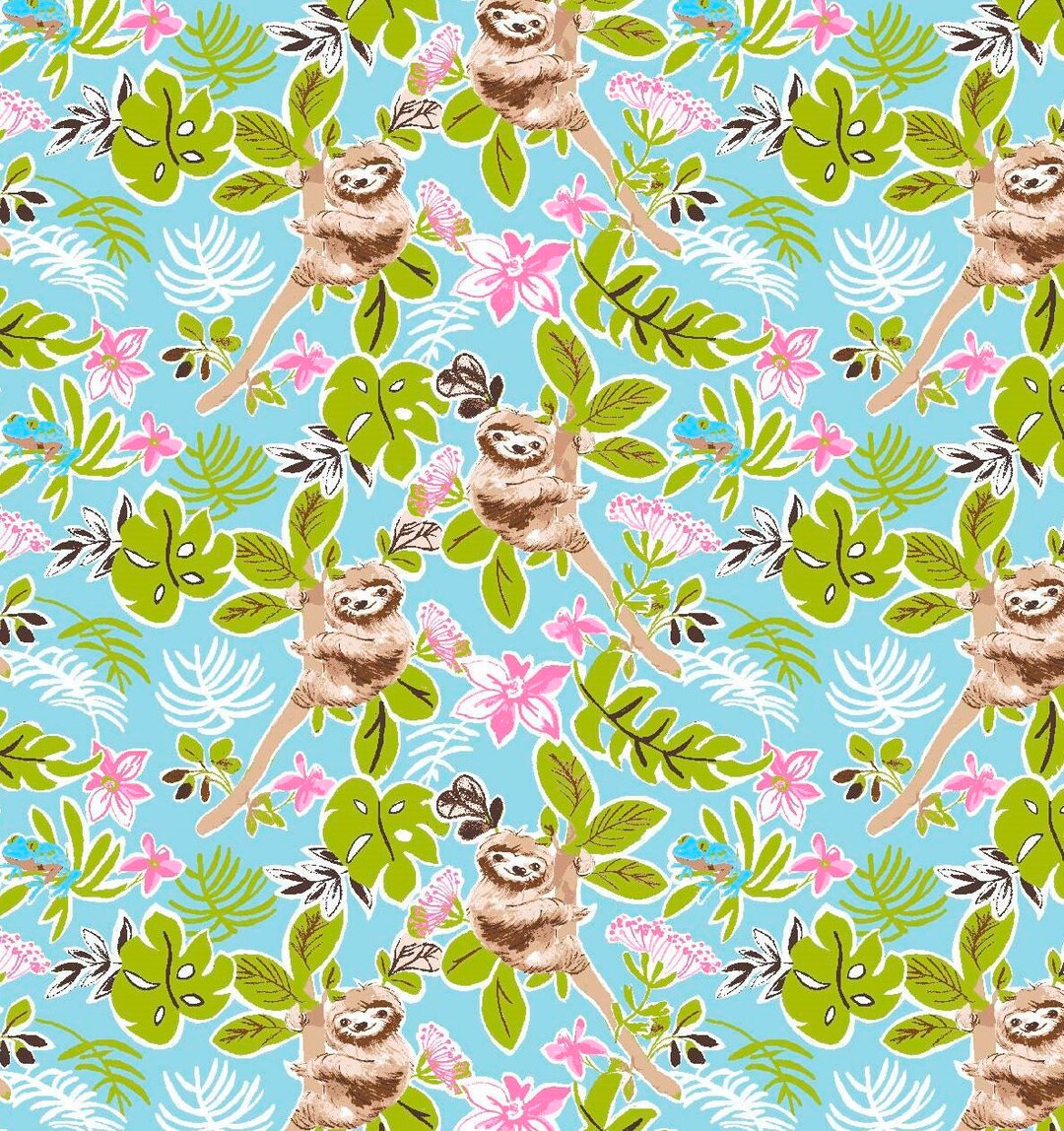 Hanging Sloths on Aqua Floral 100% Cotton Flannel Fabric (fabric by the ...