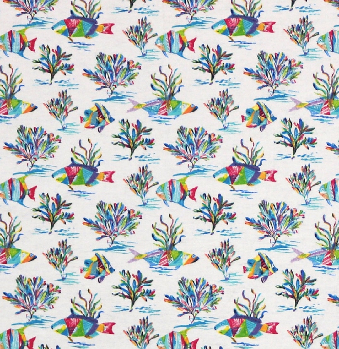 Bright Colorful Ocean on White Fish Coral 100% Cotton Flannel Fabric ...