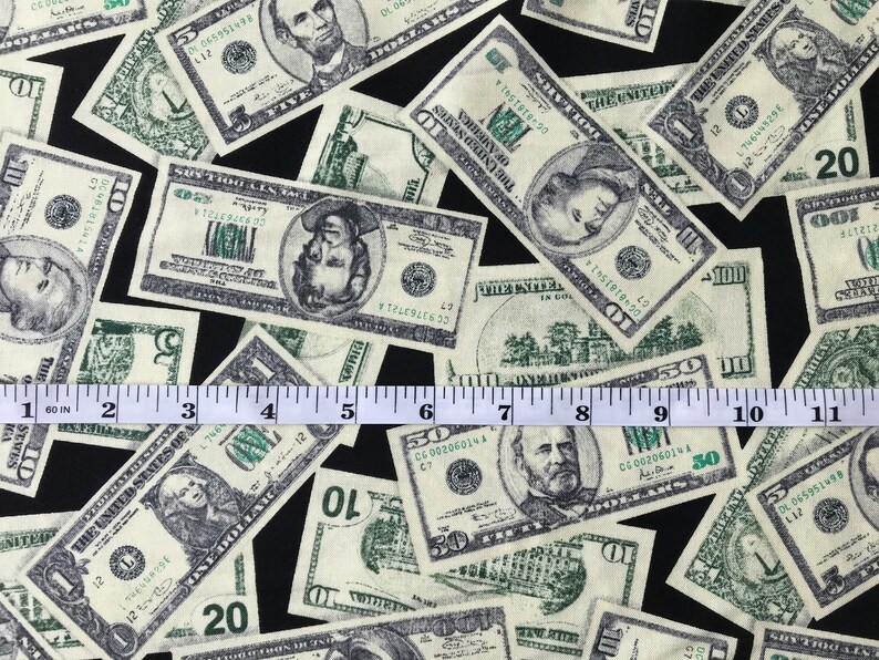 Tossed Money on Black 100% Cotton Fabric FQ Fat Quarter, 1/4 Yard, 1/2 ...